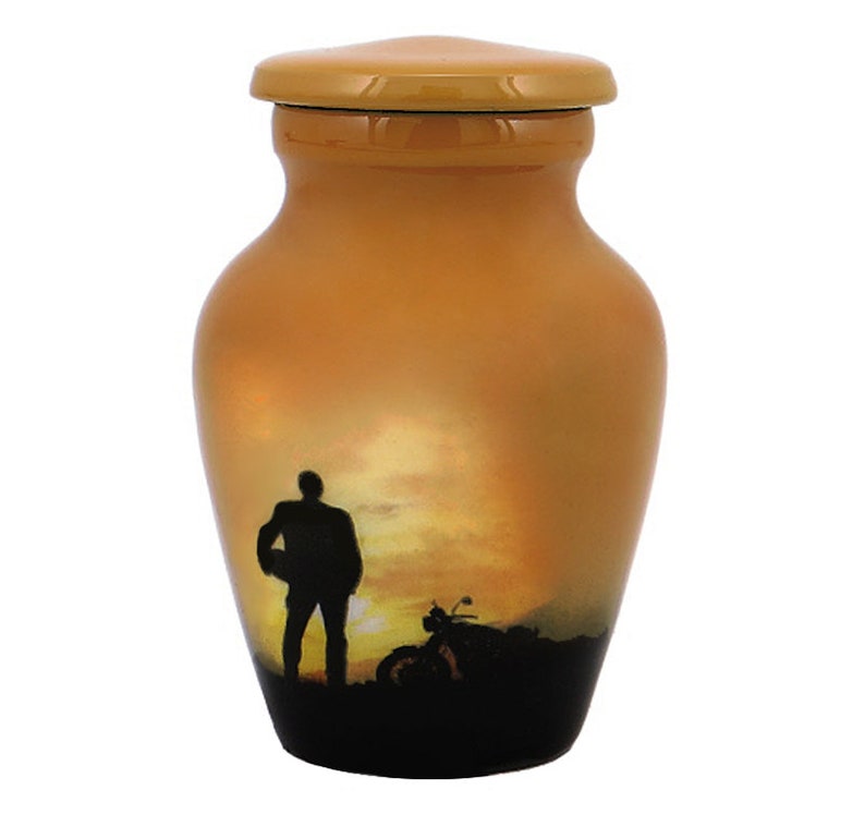 Motorcycle Rider Sunset Mini Urn - Love Charms® Option - Small ...