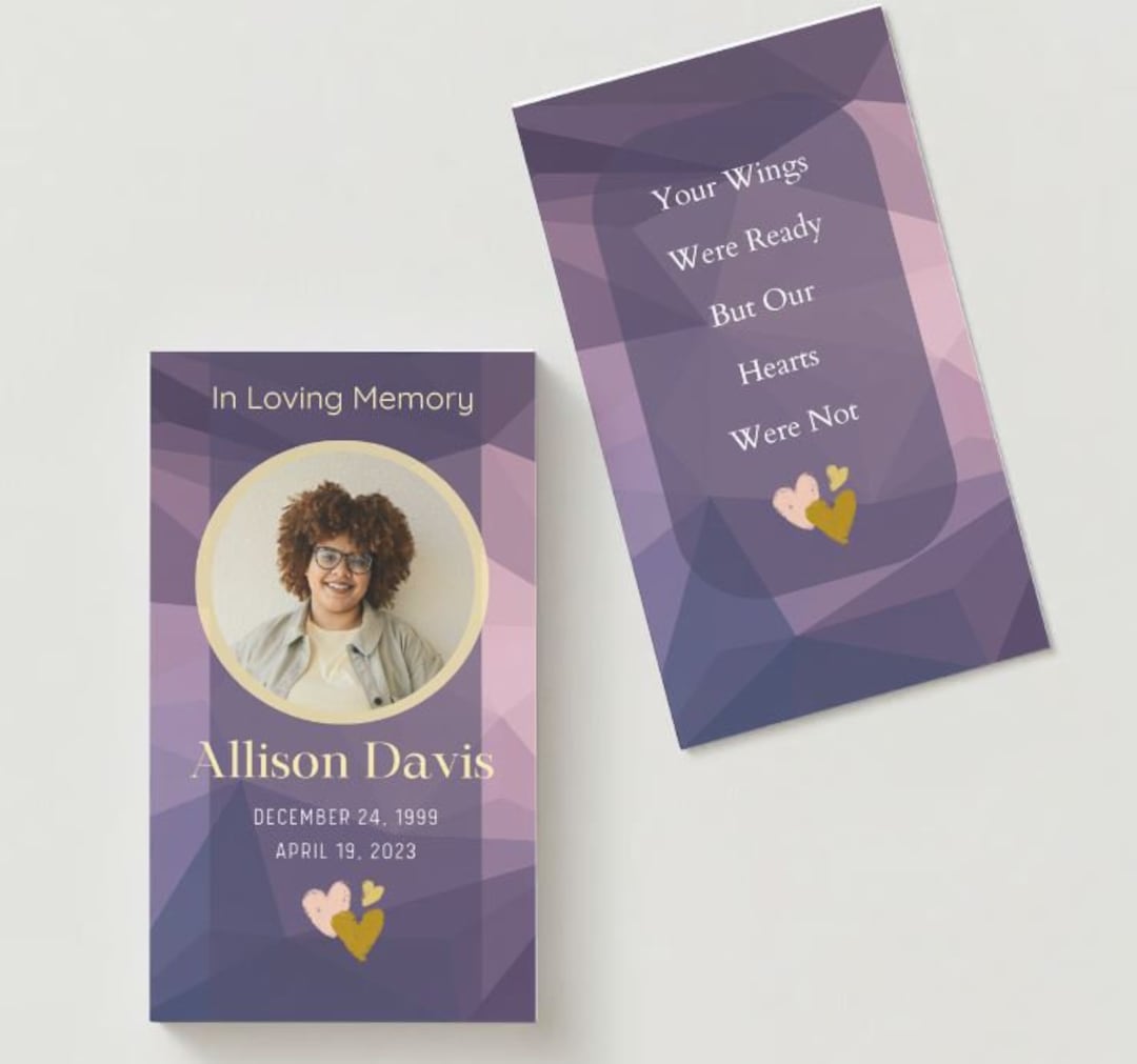 Purple Crystal Photo Memorial Cards - Funeral Cards - Celebration of ...