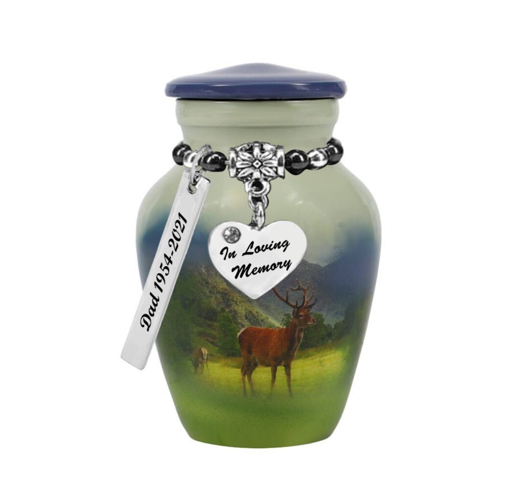 Mountainside Deer Mini Urn – Engraved Keepsake Urn, Love Charms Option ...