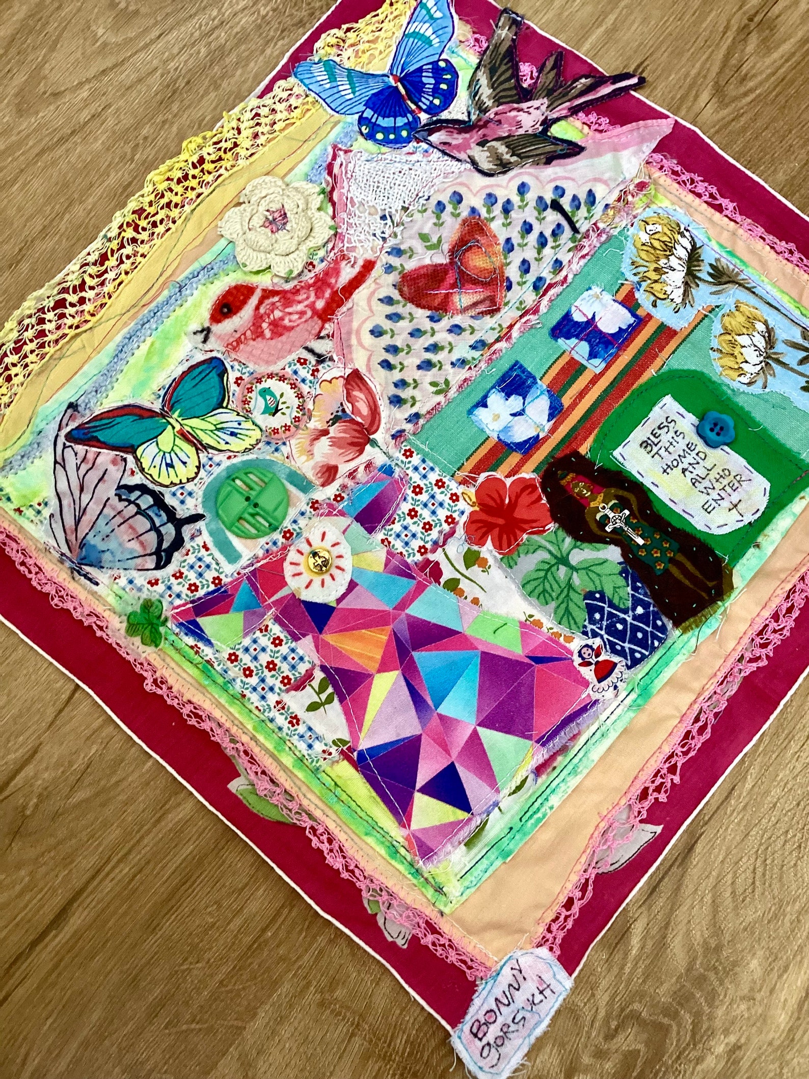 BLESS THIS HOME Hanky & Lot Vintage Linens Christian Fabric Collage ...