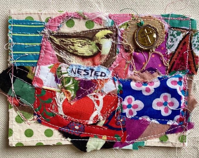BIRD NEST - Fabric Collage Greeting Card Art Primitive Naive Folk ...