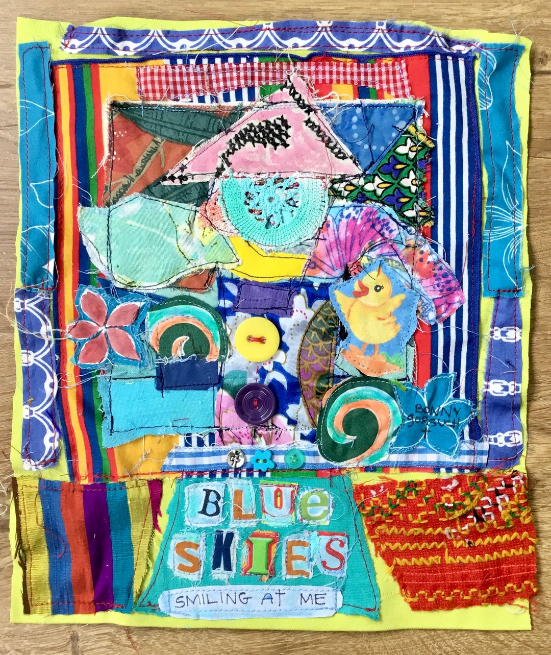 BLUE SKIES Smiling at Me FABRIC Collage Assemblage: Primitive Folk Art ...