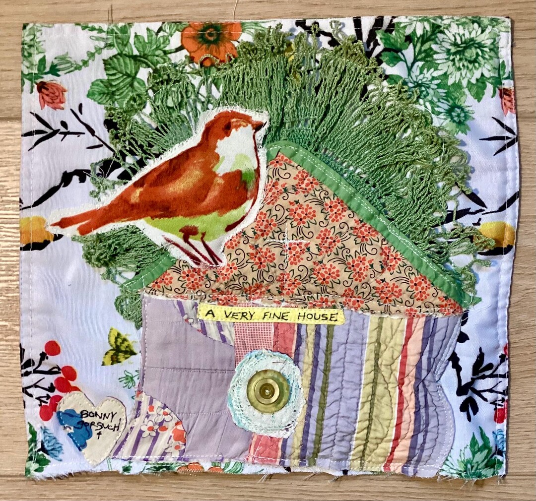 VERY FINE HOUSE Birdhouse Big Bird on Roof Vintage Patchwork Textile ...