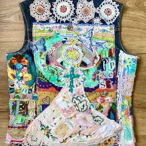 WEARABLE FOLK ART Collage Artist Vest of Many Colours Fiber Cloth ...