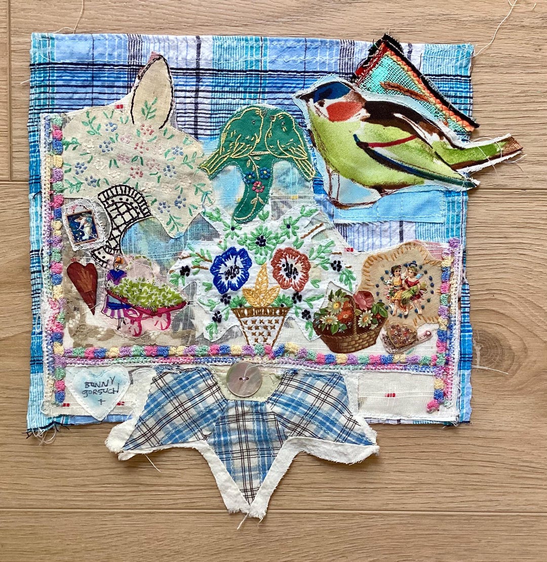 BIRDS in GARDEN Fabric Collage Folk Art Mixed Media - Crazy Quilt ...