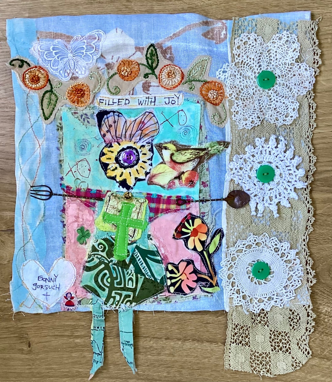 FILLED WITH JOY Primitive Embroidery Crochet Folk Art Fabric Collage ...
