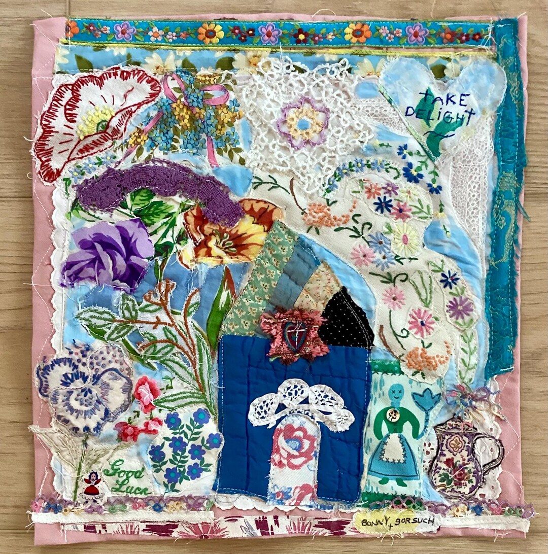 TAKE DELIGHT Hanky Folk Art Fabric Collage Vintage Materials ...