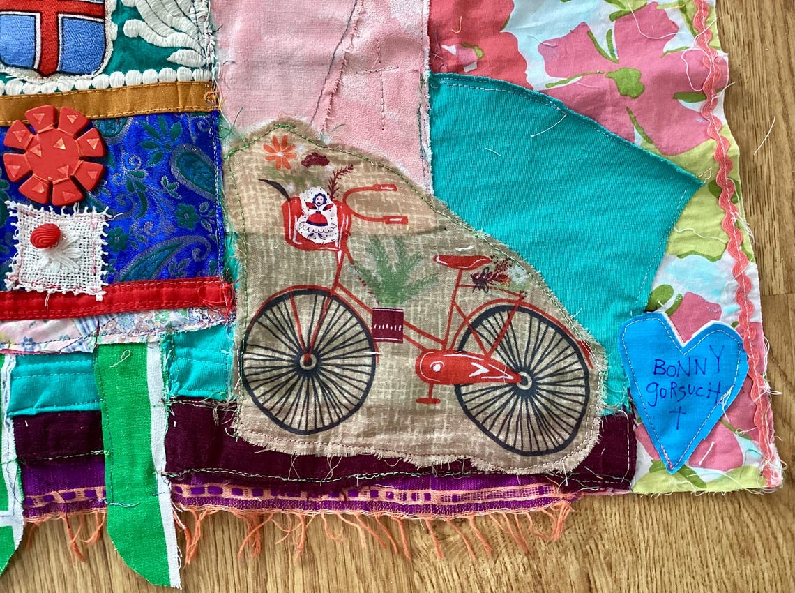 JOY Large Whimsical Fabric Collage: Vintage Textile Folk Art Assemblage ...