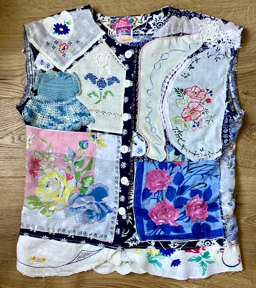 FLOWER BOUQUET & BIRD Wearable Art Vest My Bonny Sewn Fabric Patchwork ...