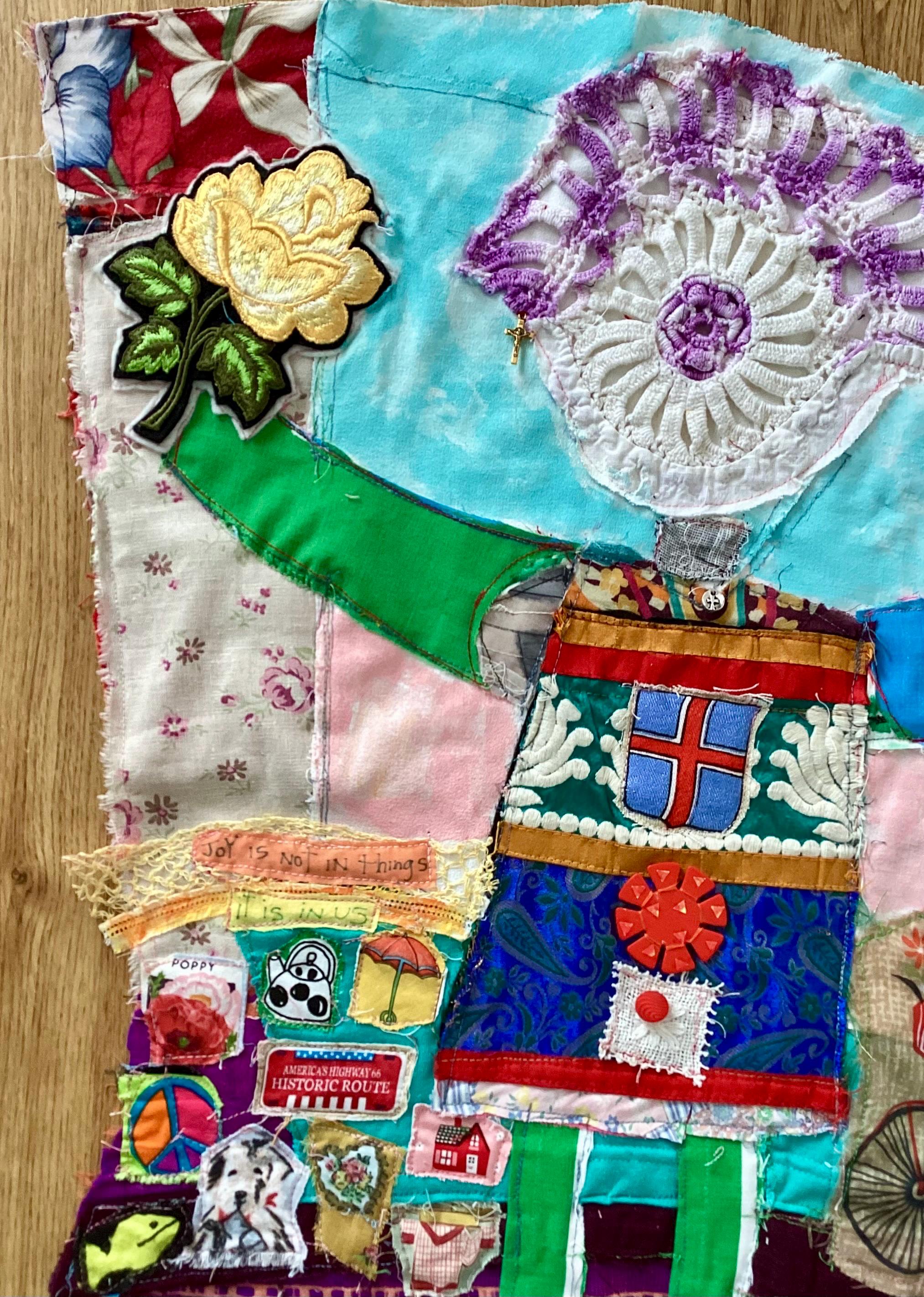 JOY Large Whimsical Fabric Collage: Vintage Textile Folk Art Assemblage ...
