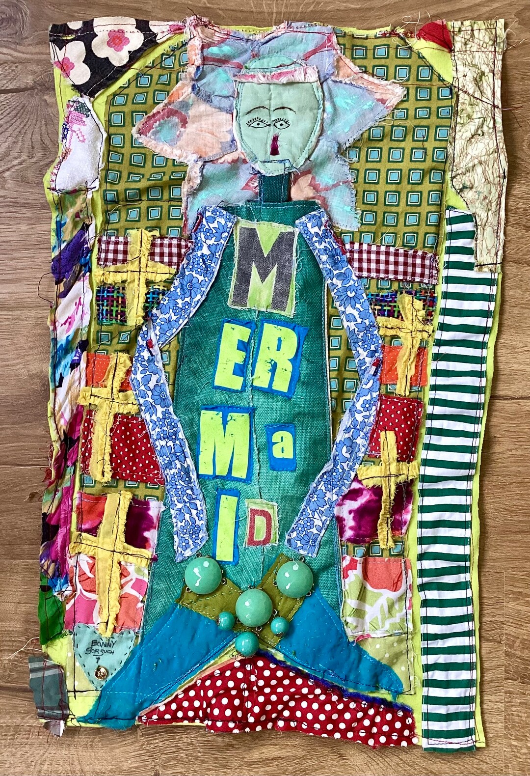 BEACH COTTAGE Folk Art MERMAID Patchwork Coastal Sea Wall Hanging My ...