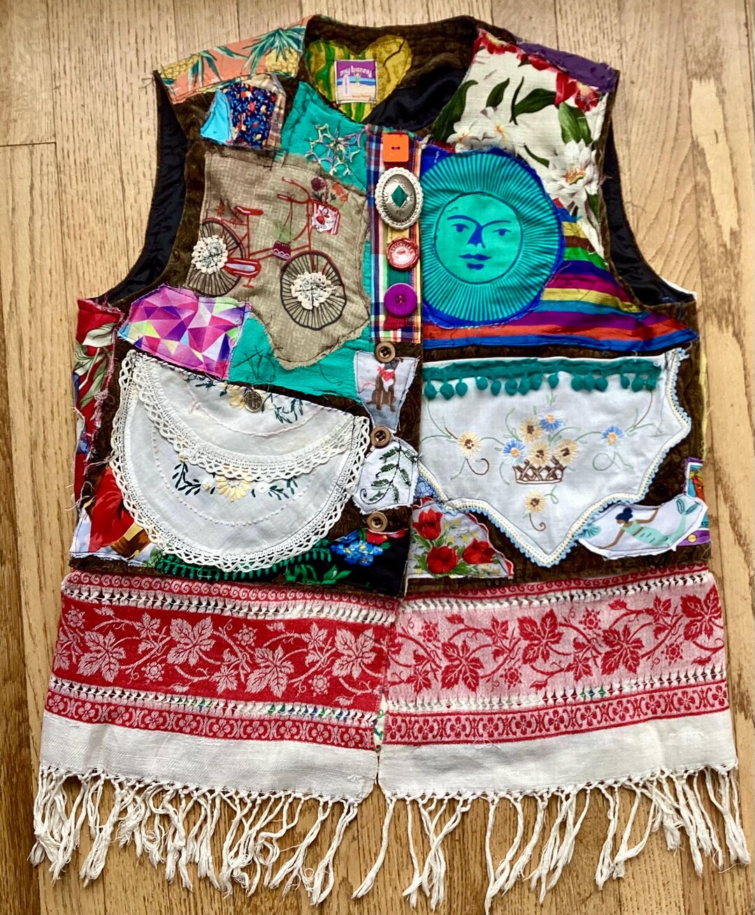 A COLOURFUL VEST Wearable Boho Folk Art Fabric Collage Lot Antique ...