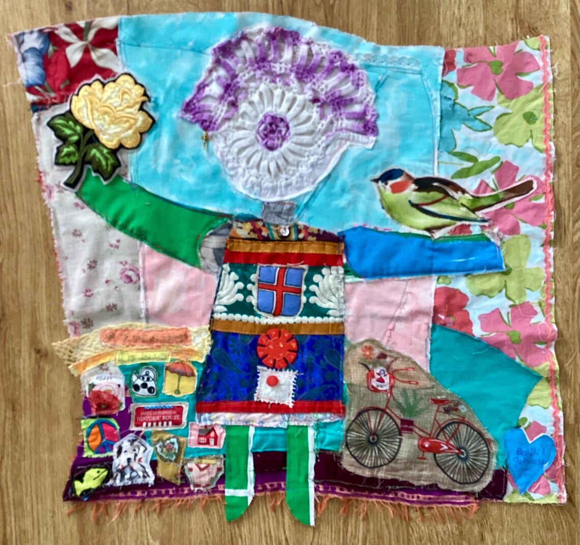 JOY Large Whimsical Fabric Collage: Vintage Textile Folk Art Assemblage ...