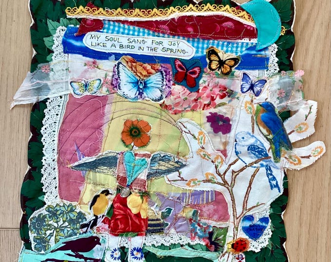 SPRING JOY BIRD Hanky Folk Art: Fabric Collage of Vintage Materials ...