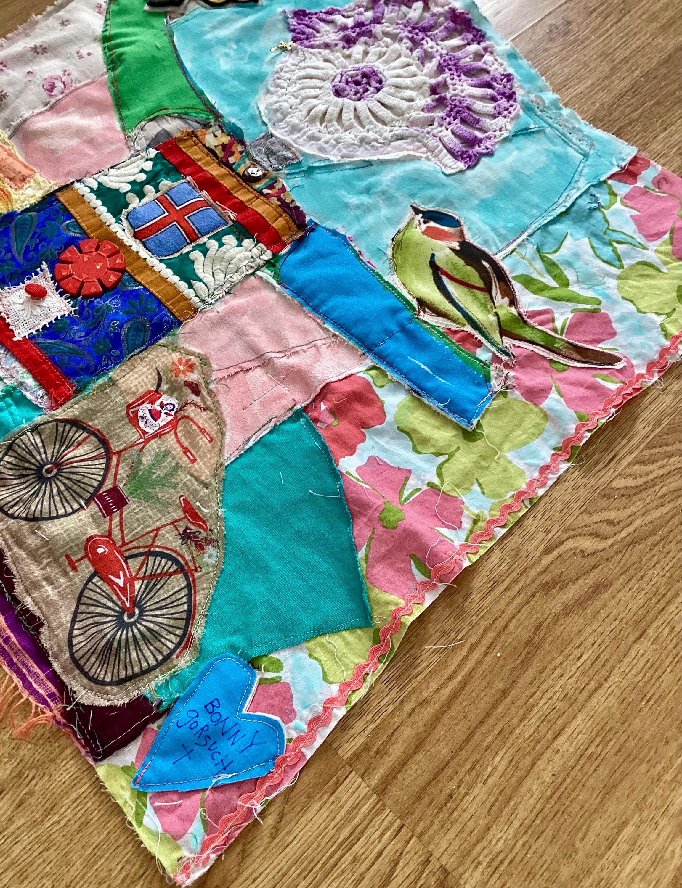 JOY Large Whimsical Fabric Collage: Vintage Textile Folk Art Assemblage ...