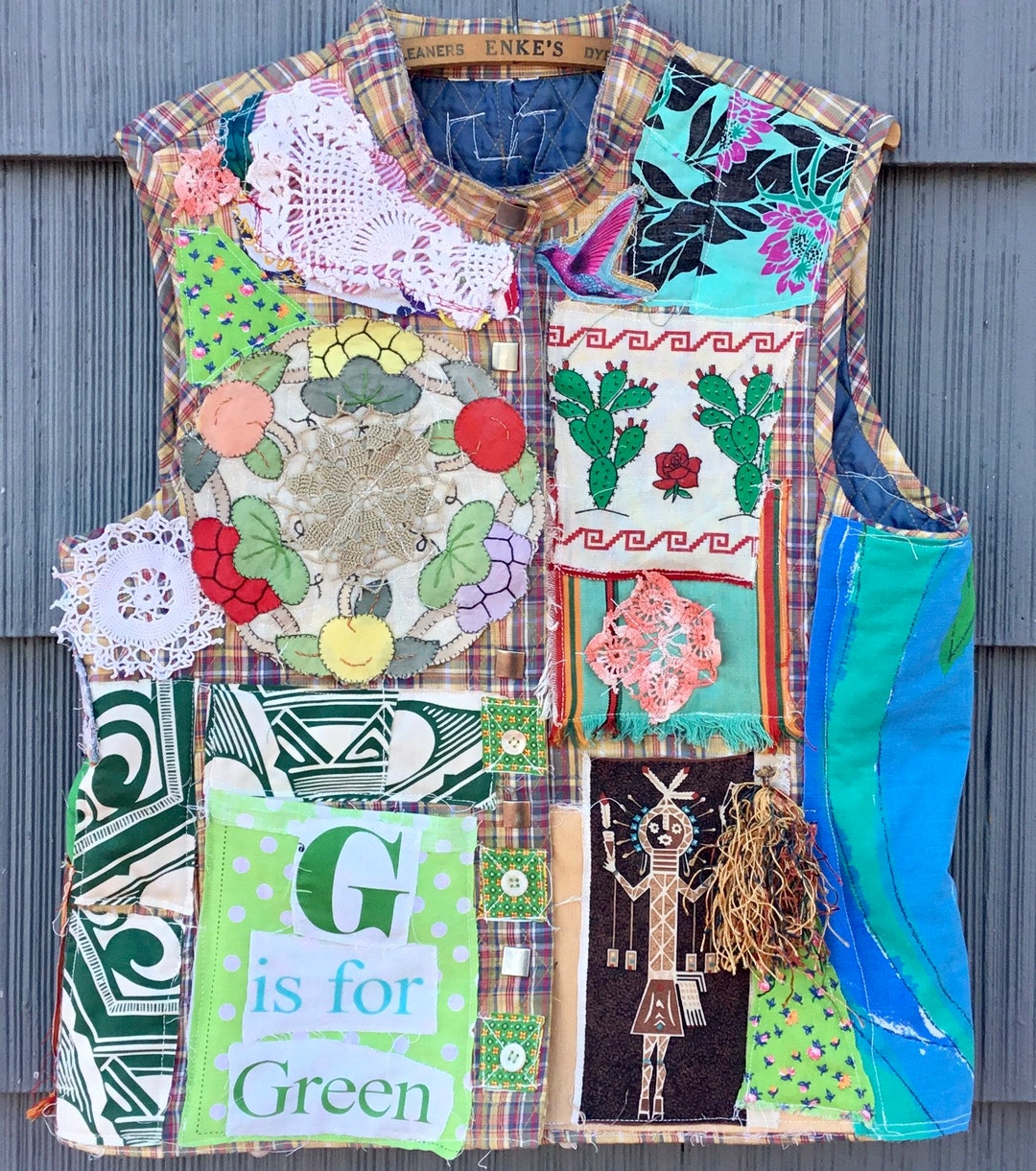 JOLLY GREEN GIANT Wearable Art Vest Sewn Fabric Patchwork Scraps Folk ...