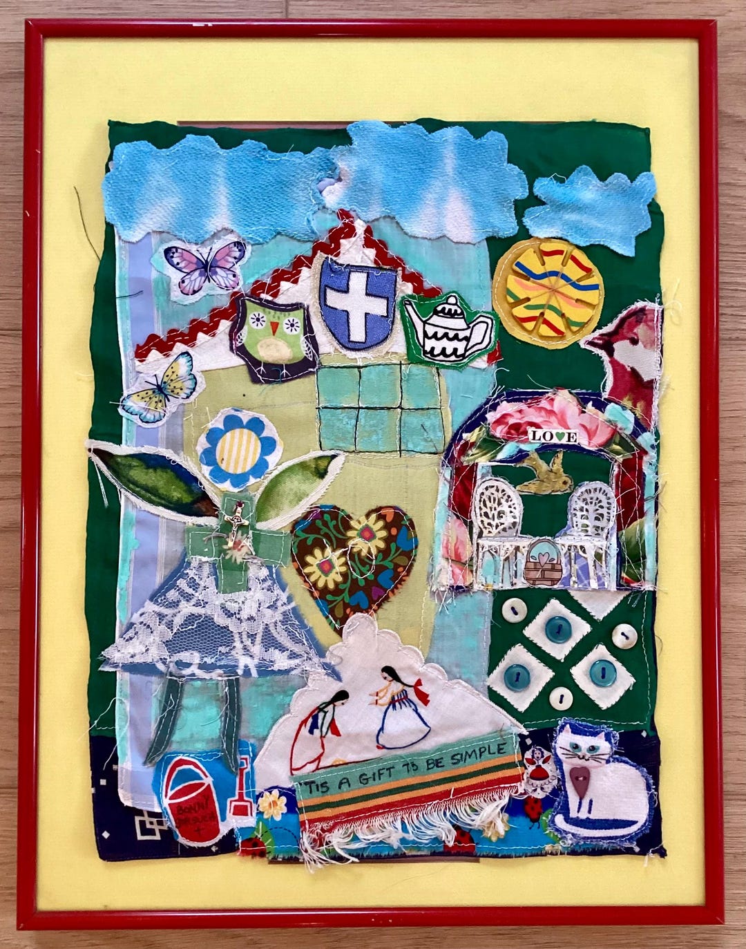 SHAKER MOTTO SIMPLICITY Folk Art Fabric Collage: Vintage Hanky Quilt ...