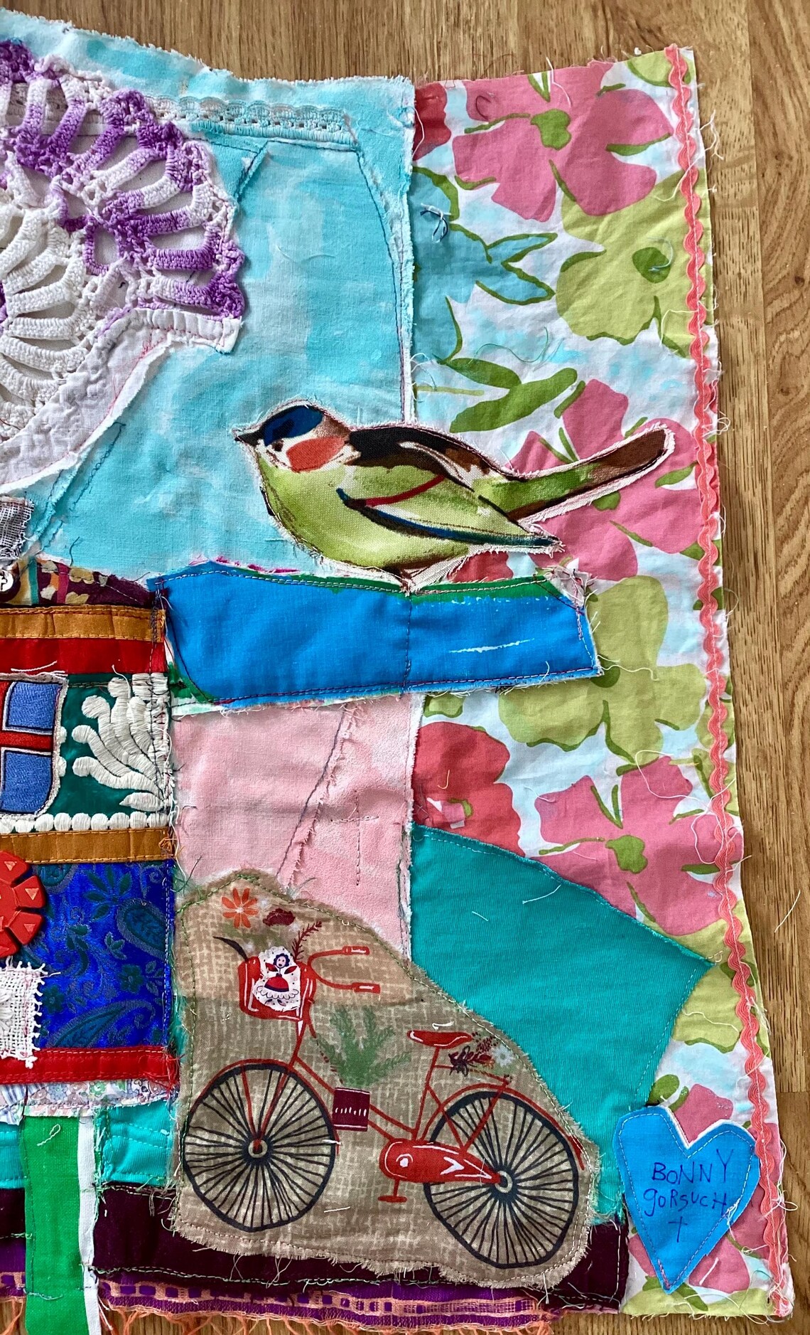 JOY Large Whimsical Fabric Collage: Vintage Textile Folk Art Assemblage ...