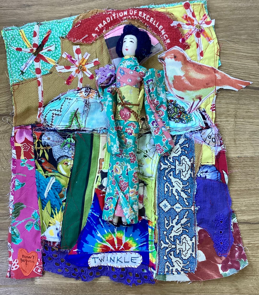JAPANESE DOLL COLLAGE Assemblage Wall Quilt * My Bonny * Original 3D ...