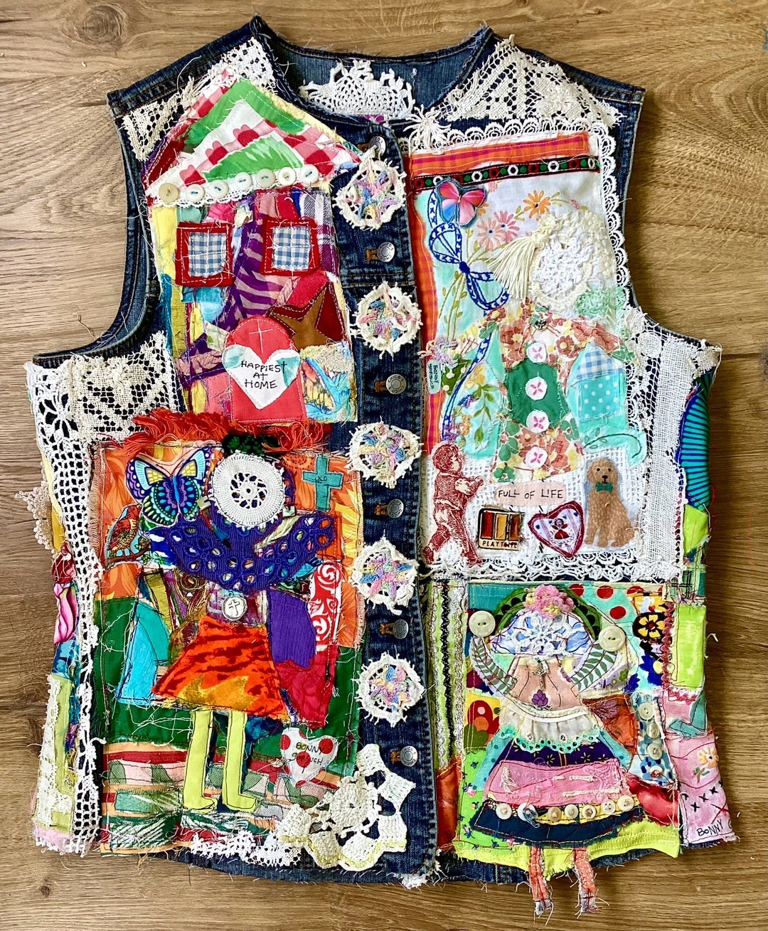 WEARABLE FOLK ART Collage Artist Vest of Many Colours Fiber Cloth ...