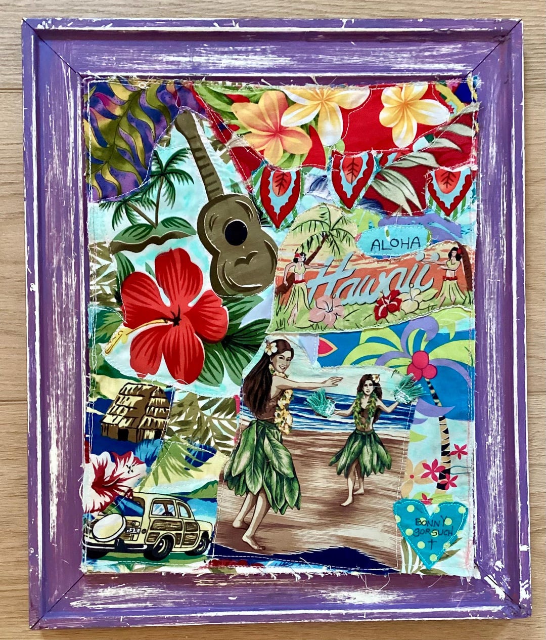 HULA GIRL SURFER Hawaiian Beach Art Fabric Collage Folk Assemblage ...