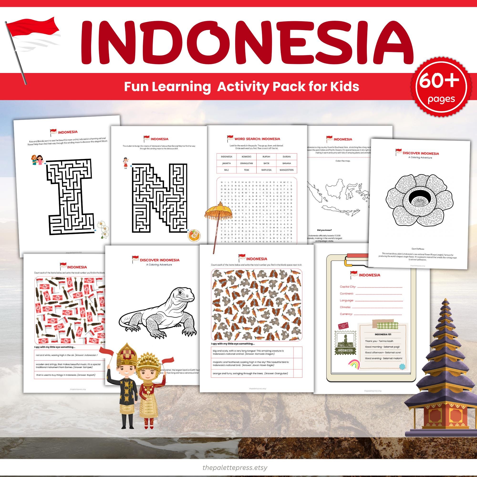 INDONESIA Worksheets Learning Activity Pack for Kids: Printables ...