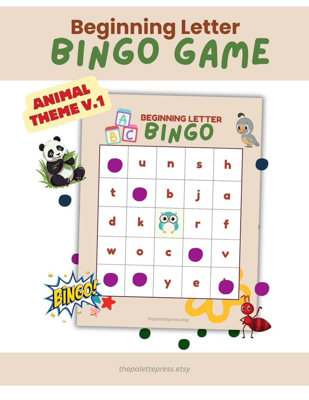 Beginning Letter Bingo Game for Kids Animal Themed preschool ...