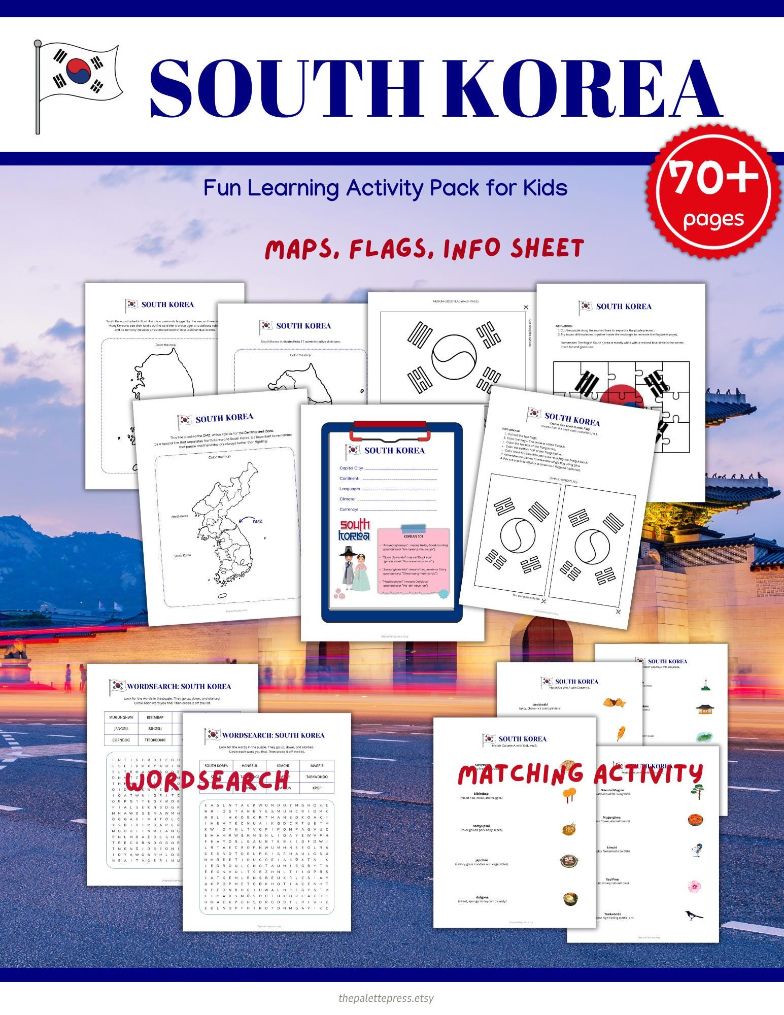 SOUTH KOREA Worksheets Learning Activity Pack for Kids: Korean Culture ...