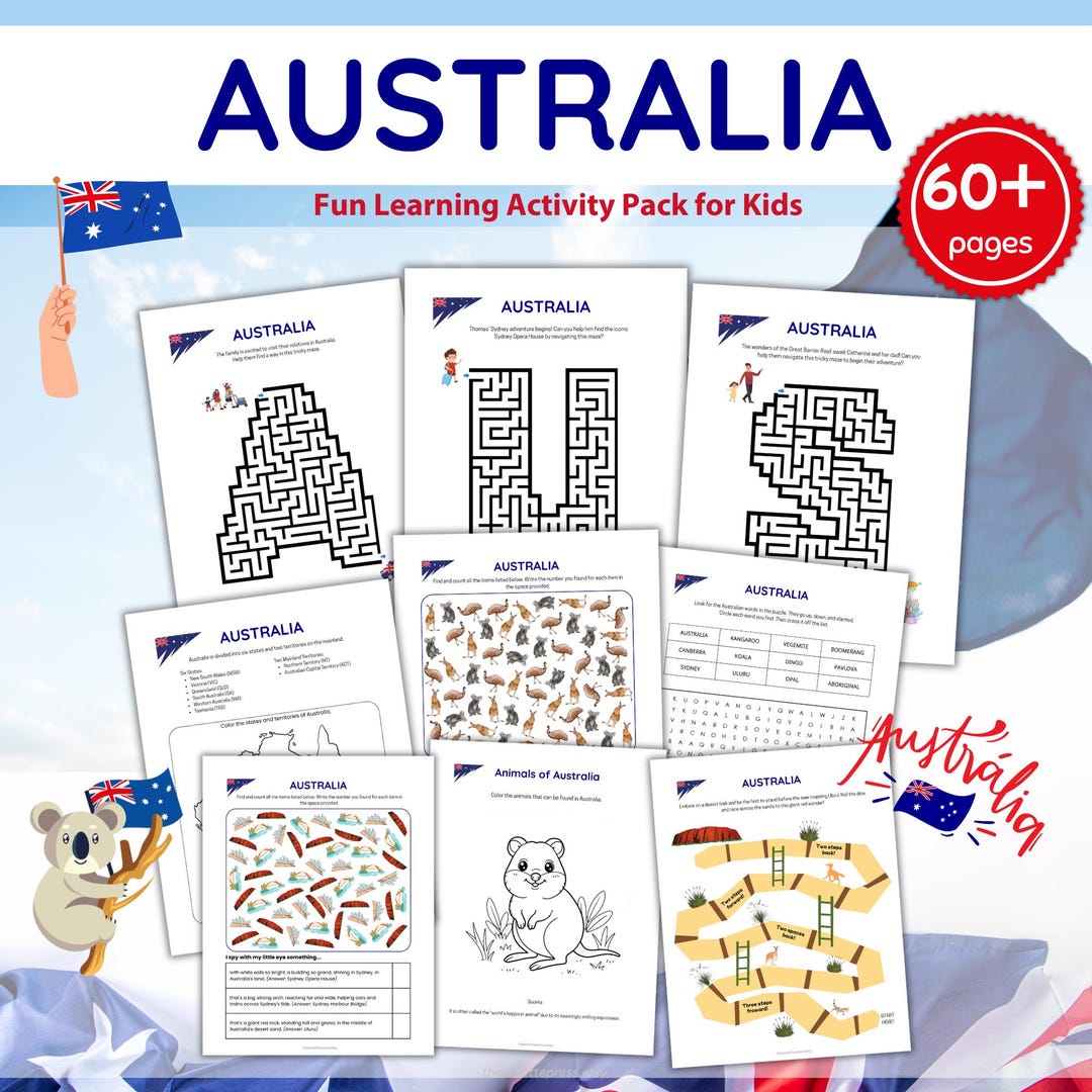 AUSTRALIA Learning Activity Pack for Kids: Games Animals Coloring ...