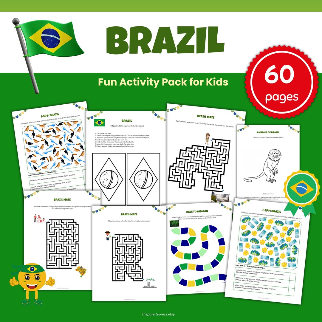 BRAZIL Worksheets Learning Activity Pack for Kids: Coloring Printables ...