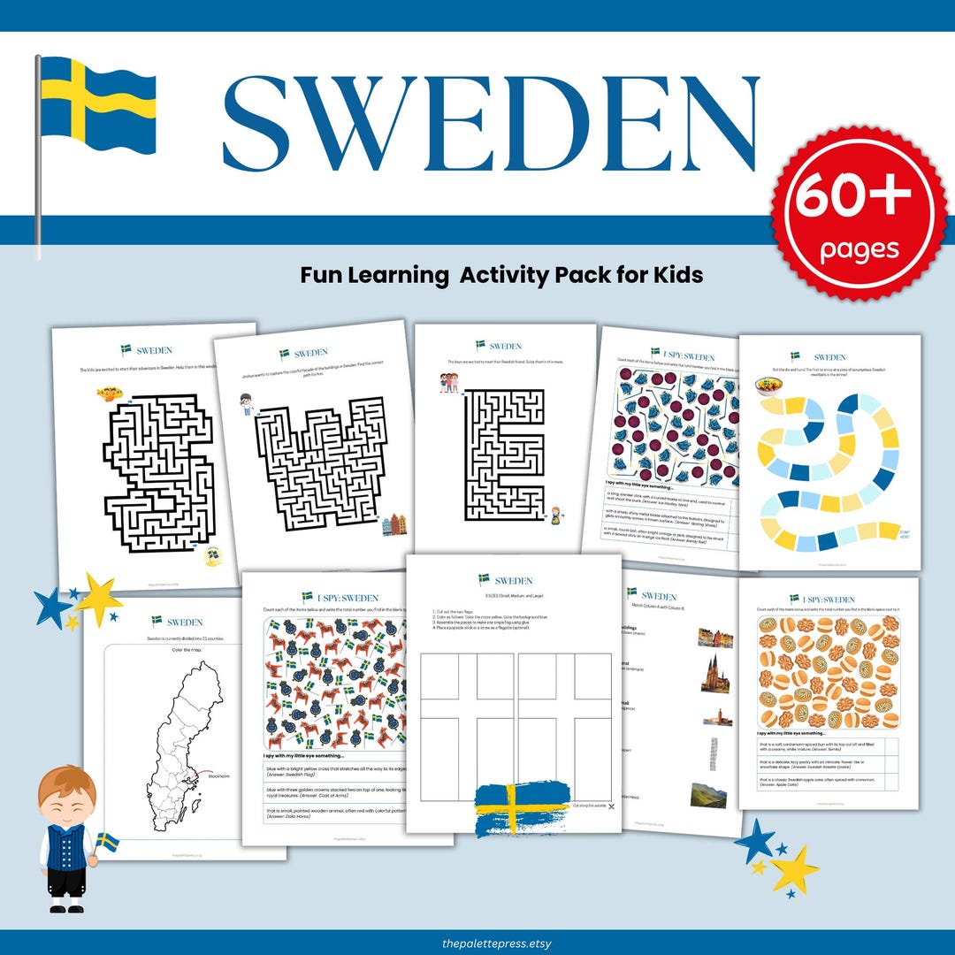 SWEDEN Worksheets Learning Activity Pack for Kids: Printable Games ...