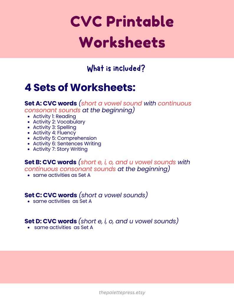 CVC Words for Kids Literacy Worksheets: Preschool, Kinder Raeding ...