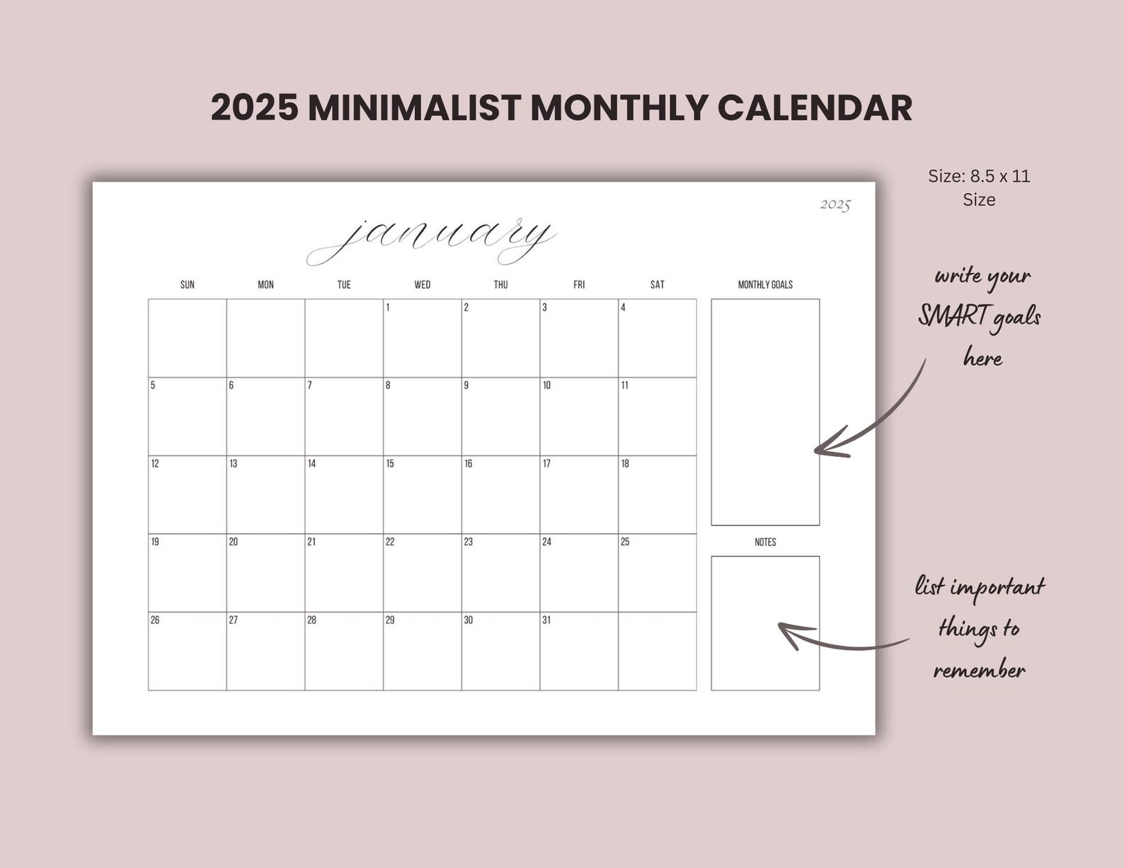 2025 MINIMALIST MONTHLY CALENDAR (2 Versions - Monday or Sunday Start ...
