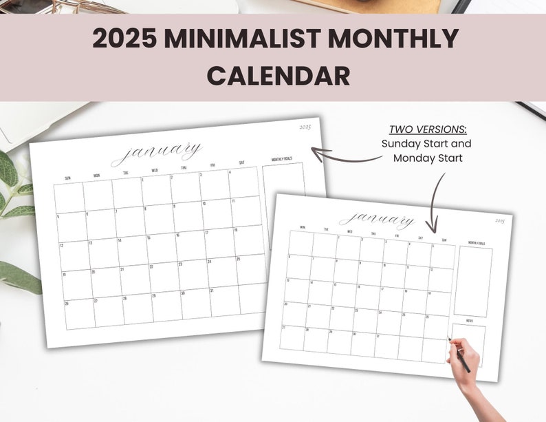 2025 MINIMALIST MONTHLY CALENDAR 2 Versions Monday or Sunday Start - Etsy