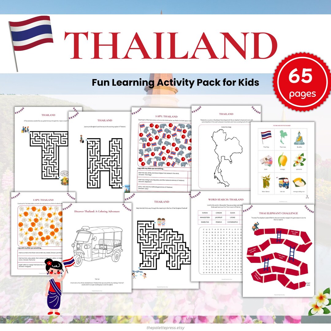 THAILAND Worksheets Learning Activity Pack for Kids: Thai Printable ...