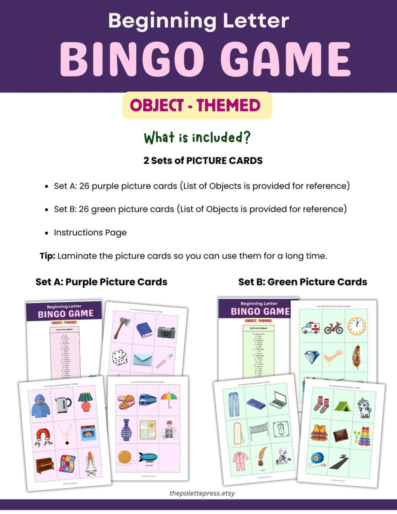 Beginning Letter Sound BINGO Game for Kids Object-themed (fun, Engaging ...