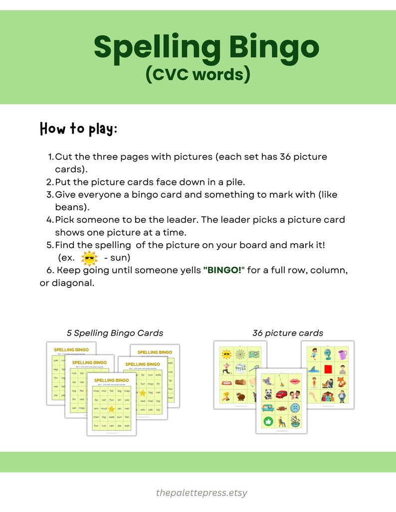 CVC Words Spelling BINGO for Kids, and Preschool, Kinder, and 1st Grade ...