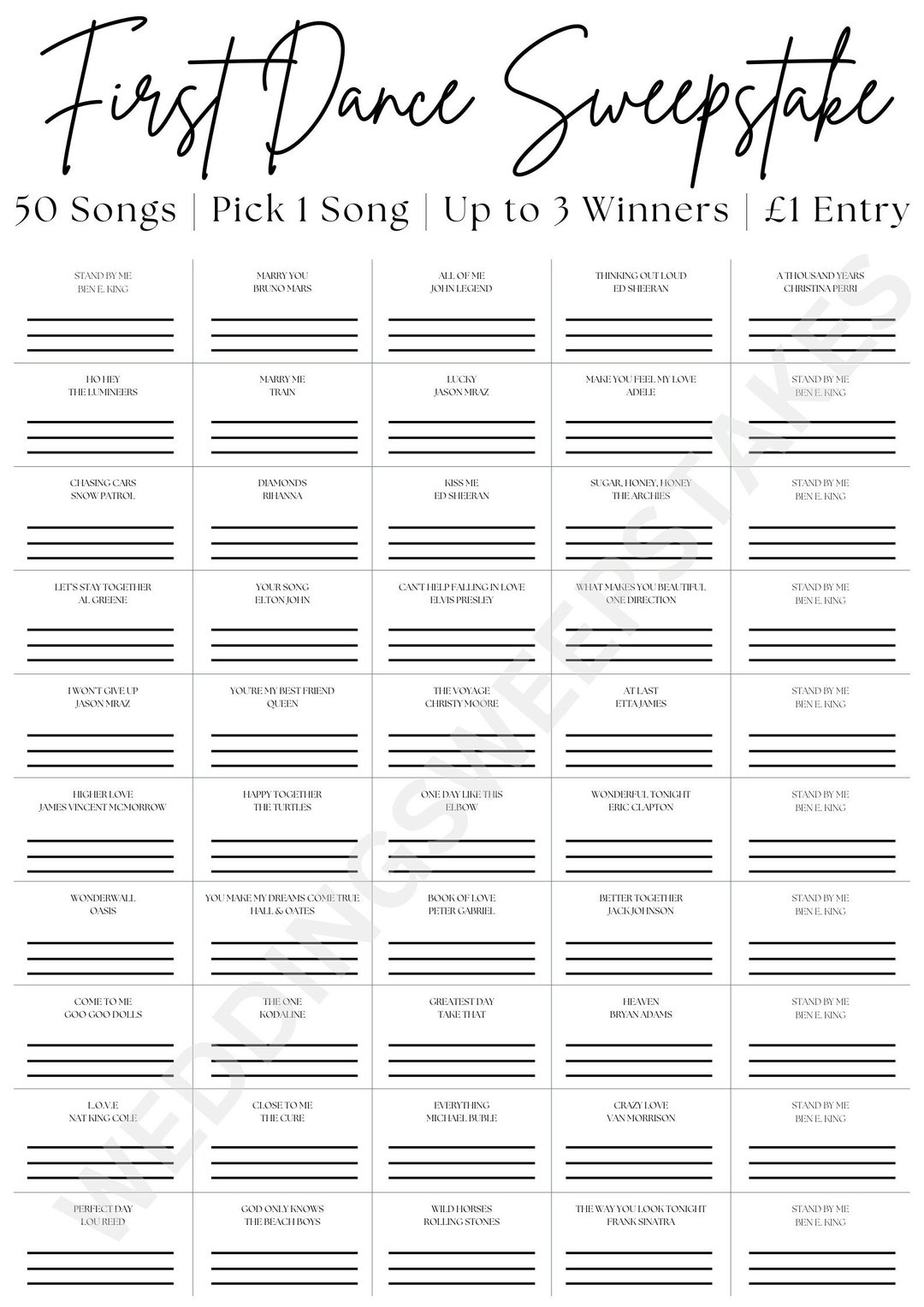 Wedding First Dance Sweepstake A3 - Template - Digital Download ...