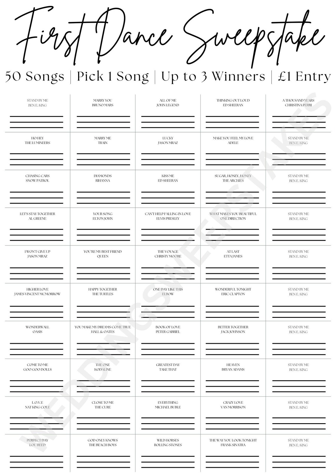 Wedding First Dance Sweepstake A3 - Template - Digital Download ...