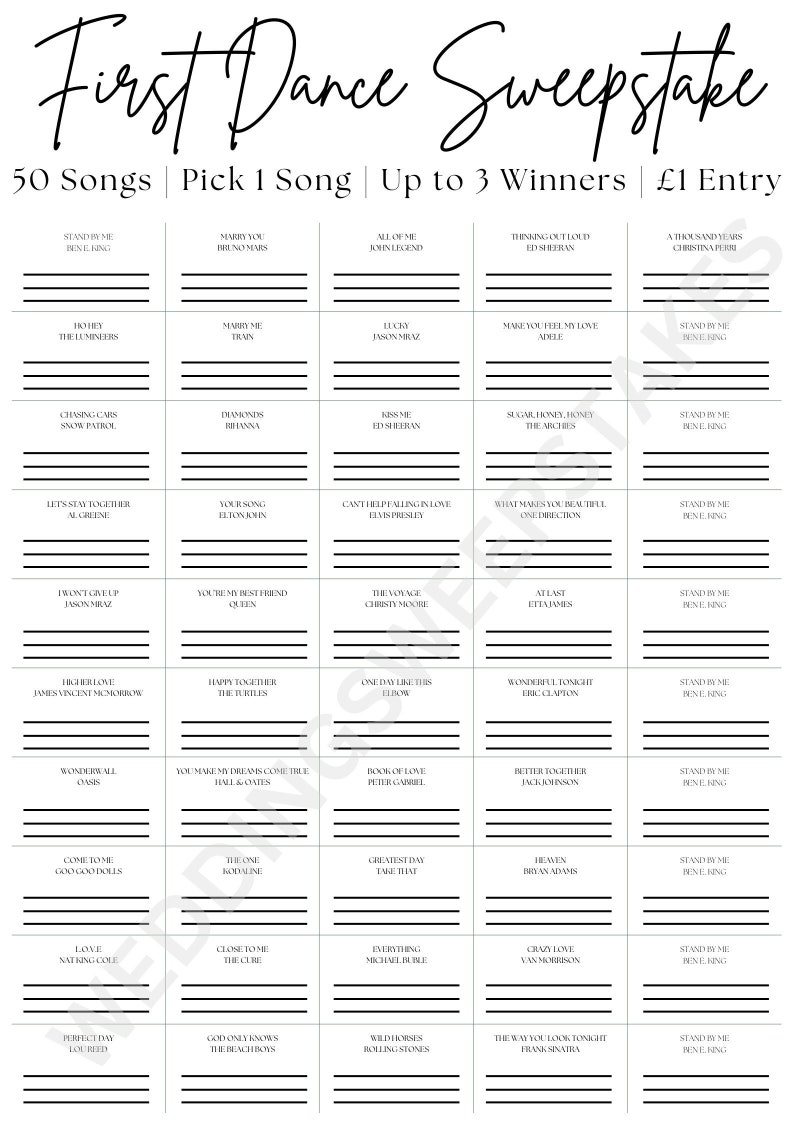 Wedding First Dance Sweepstake A3 - Template - Digital Download ...