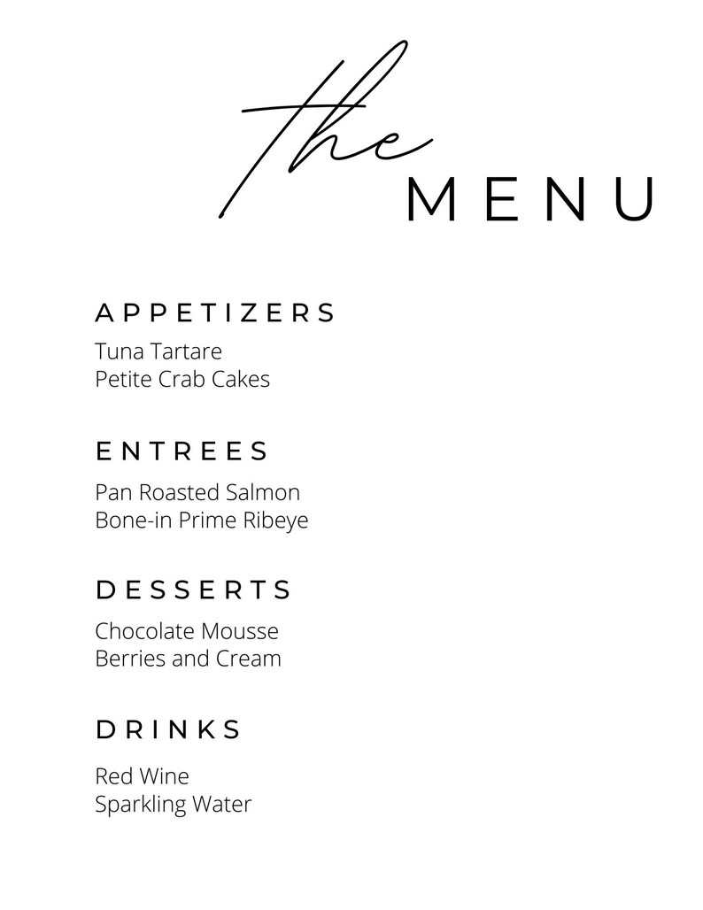 Minimalist Wedding Menu Template – Modern Elegant Printable Design ...