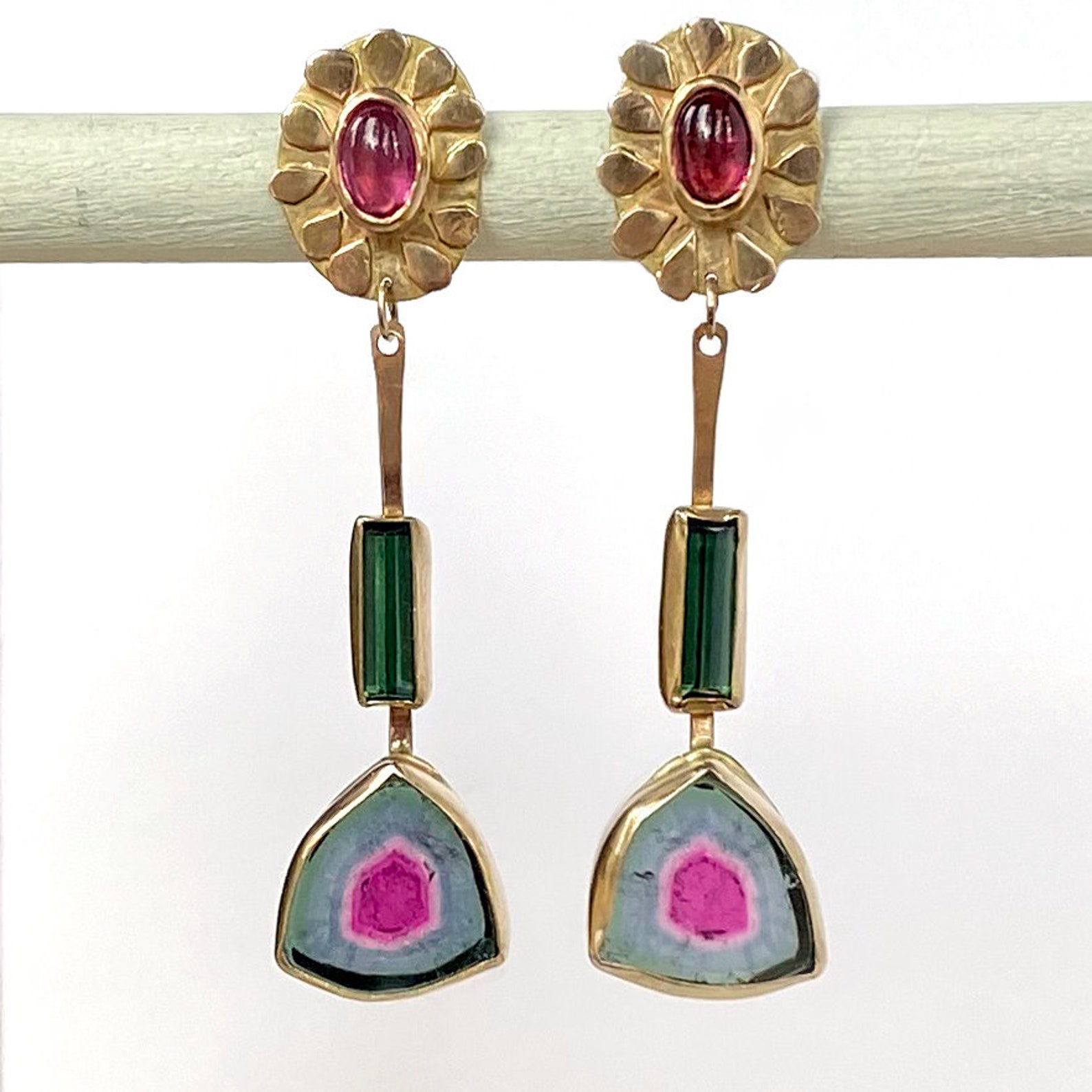 14K Gold Watermelon Tourmaline Earrings: Floral Dangle Statement ...