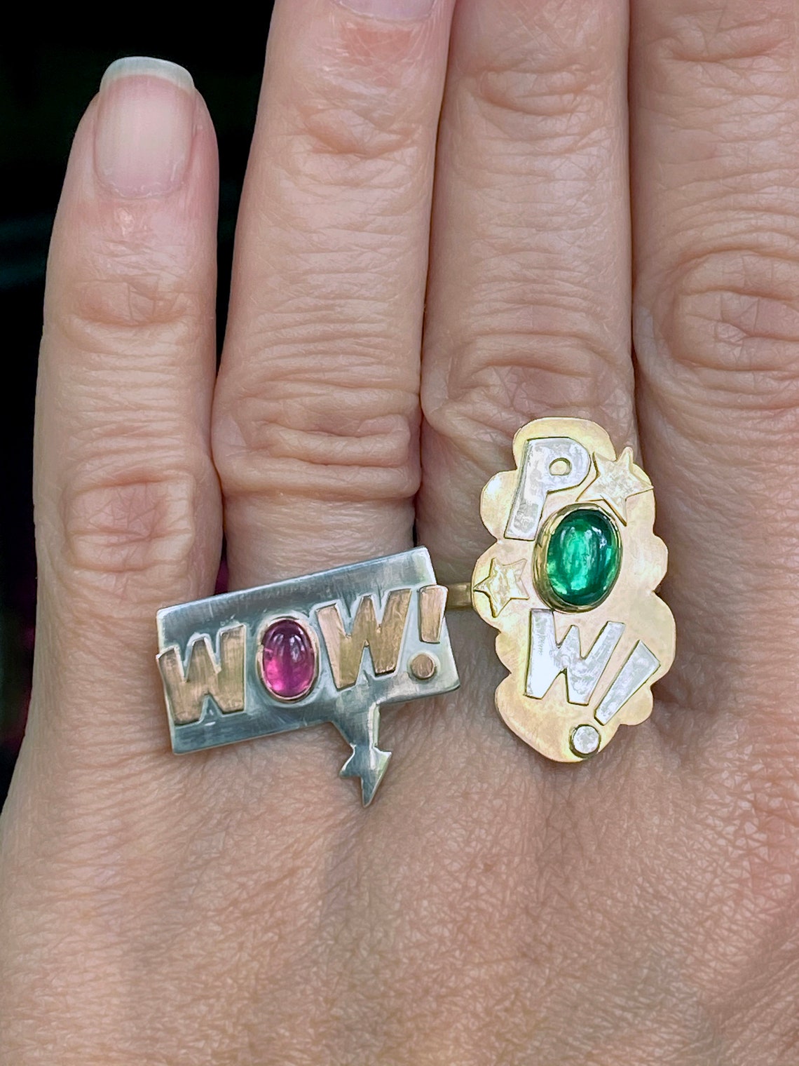 14K POW Comic Green Tourmaline Ring Large Girl Power Ring - Etsy