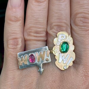 14K POW Comic Green Tourmaline Ring, Large Girl Power Ring, Statement ...