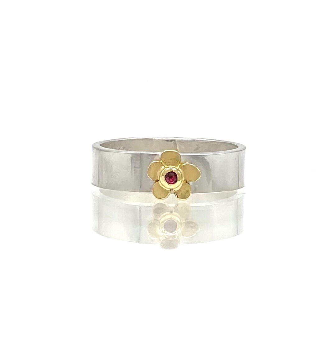 Verbena Flower Ring, Sterling and 14K Ruby Flower Ring, One of a Kind ...