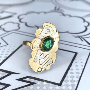 14K POW Comic Green Tourmaline Ring, Large Girl Power Ring, Statement ...