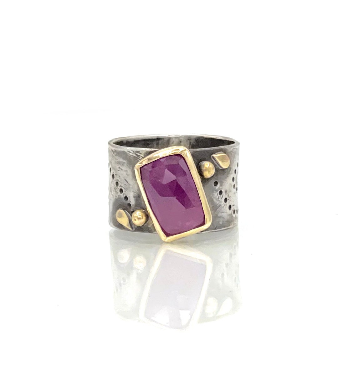 Ruby Statement Ring, Wide Band Ruby Ring, 14K Solid Yellow, Sterling Silver, as Seen on Halle ...
