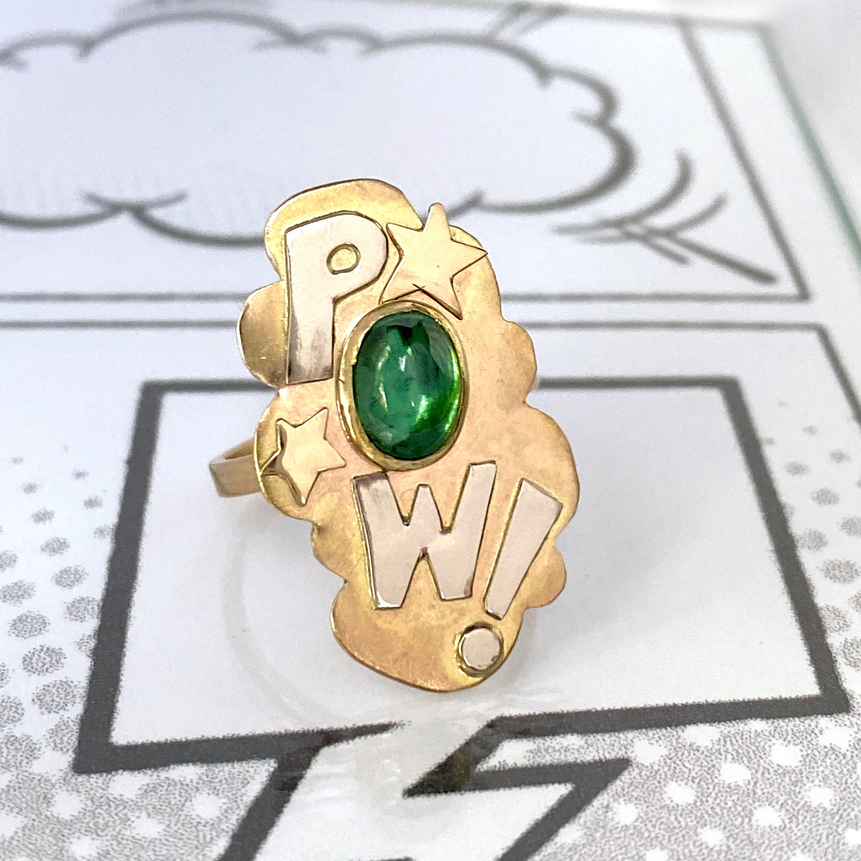 14K POW Comic Green Tourmaline Ring Large Girl Power Ring | Etsy