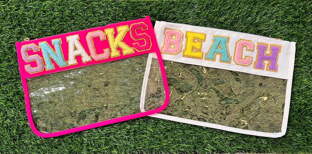 Colorful, Fun Storage Pouches With Chenille Patches / Clear BEACH Pouch / Clear SNACK Pouch - Etsy