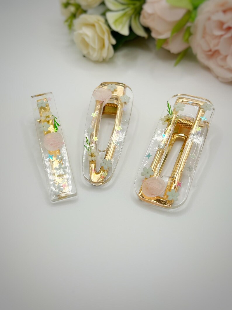 Resin Hair Clips: Real Pressed Flower Set, Gold Plated Floral Accessory ...